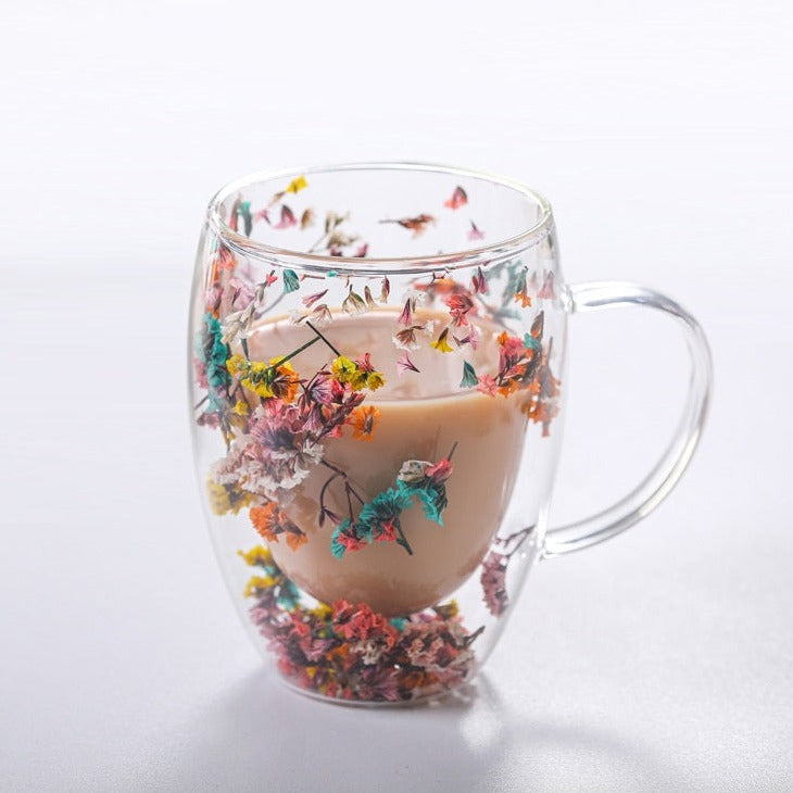 Double Wall Dry Flowers Glass Mug – Blackbrdstore