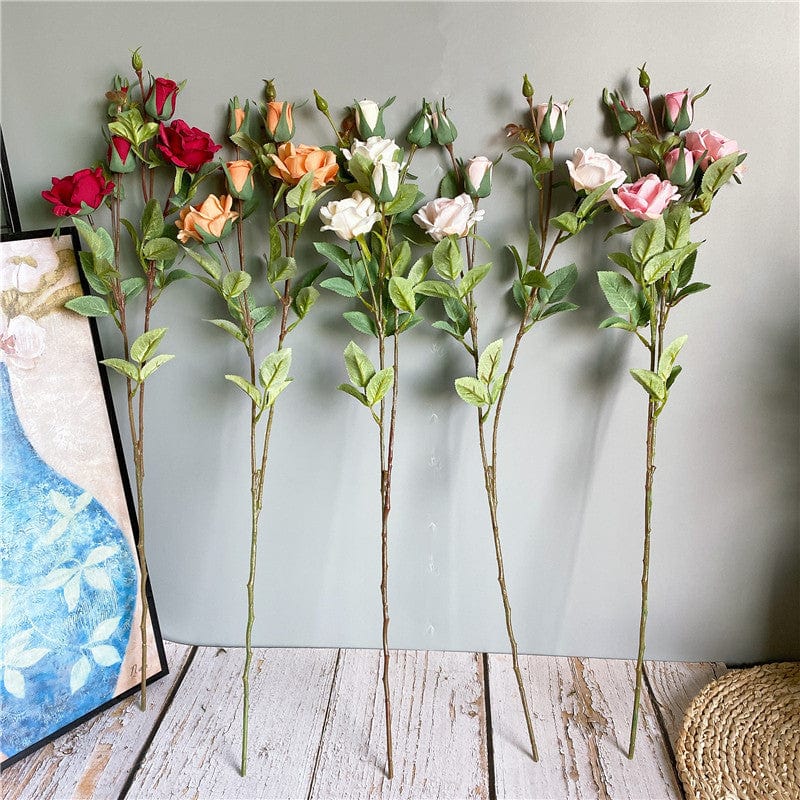 Artificial 4 Heads Roses Branch With Leaves - Blackbrdstore